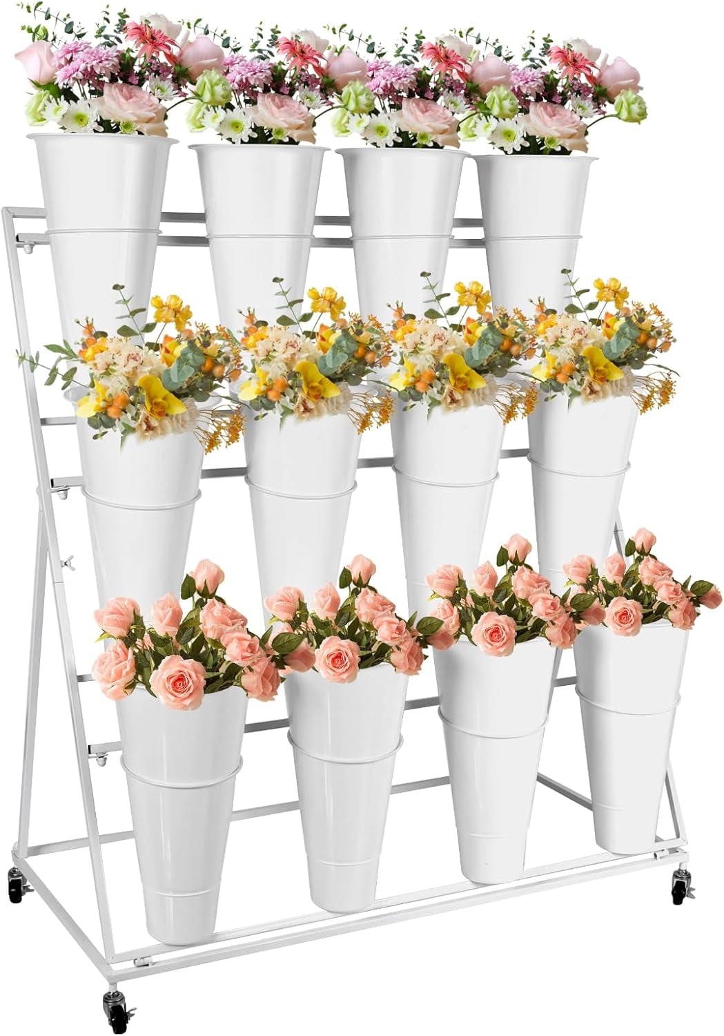 Flower Display Stand with 12 Buckets, 3 Layers Flower Cart White Metal ...