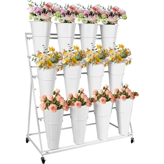Flower Display Stand with 12 Buckets, 3 Layers Flower Cart White Metal ...