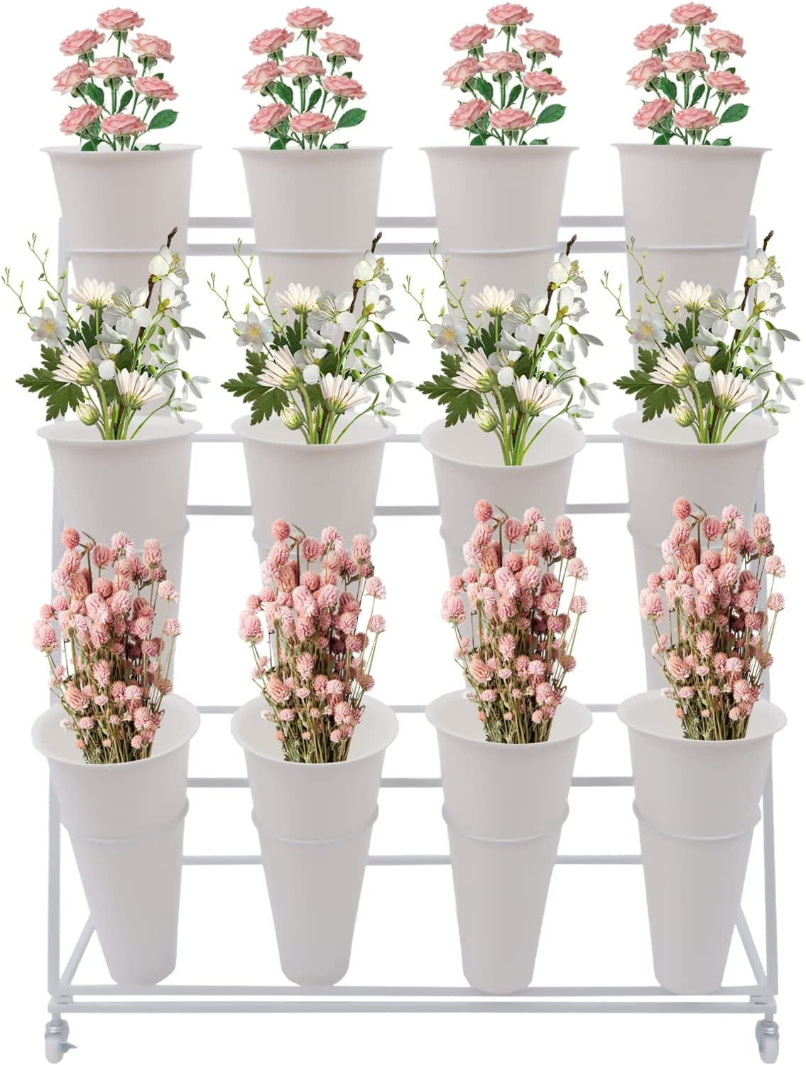 Flower Display Stand with 12 Buckets 3Layer Flower Stand with Wheels ...