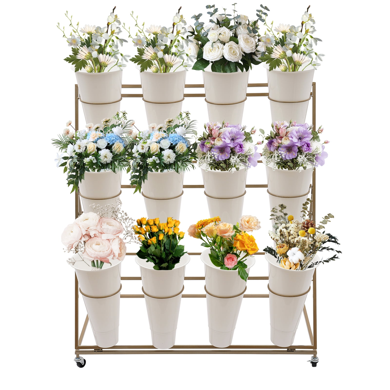 Flower Display Stand with 12 Buckets, Indoor Outdoor Rolling Floral ...