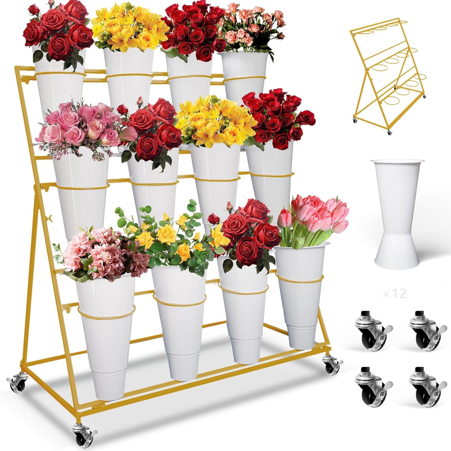 Flower Display Stand with 12 Buckets,with Wheels, 3 Layers White Moving ...