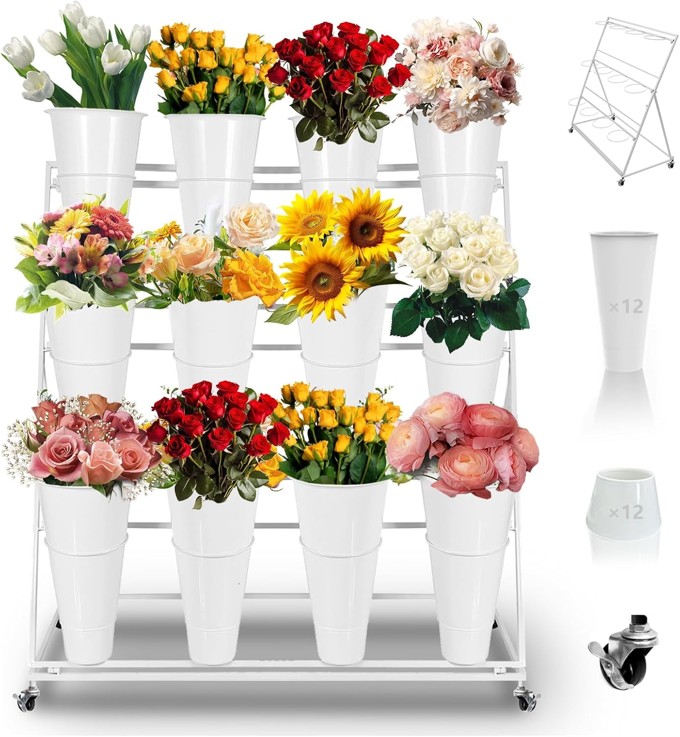 Flower Display Stand with 12 PCS Buckets, Flower Cart Display Stand ...