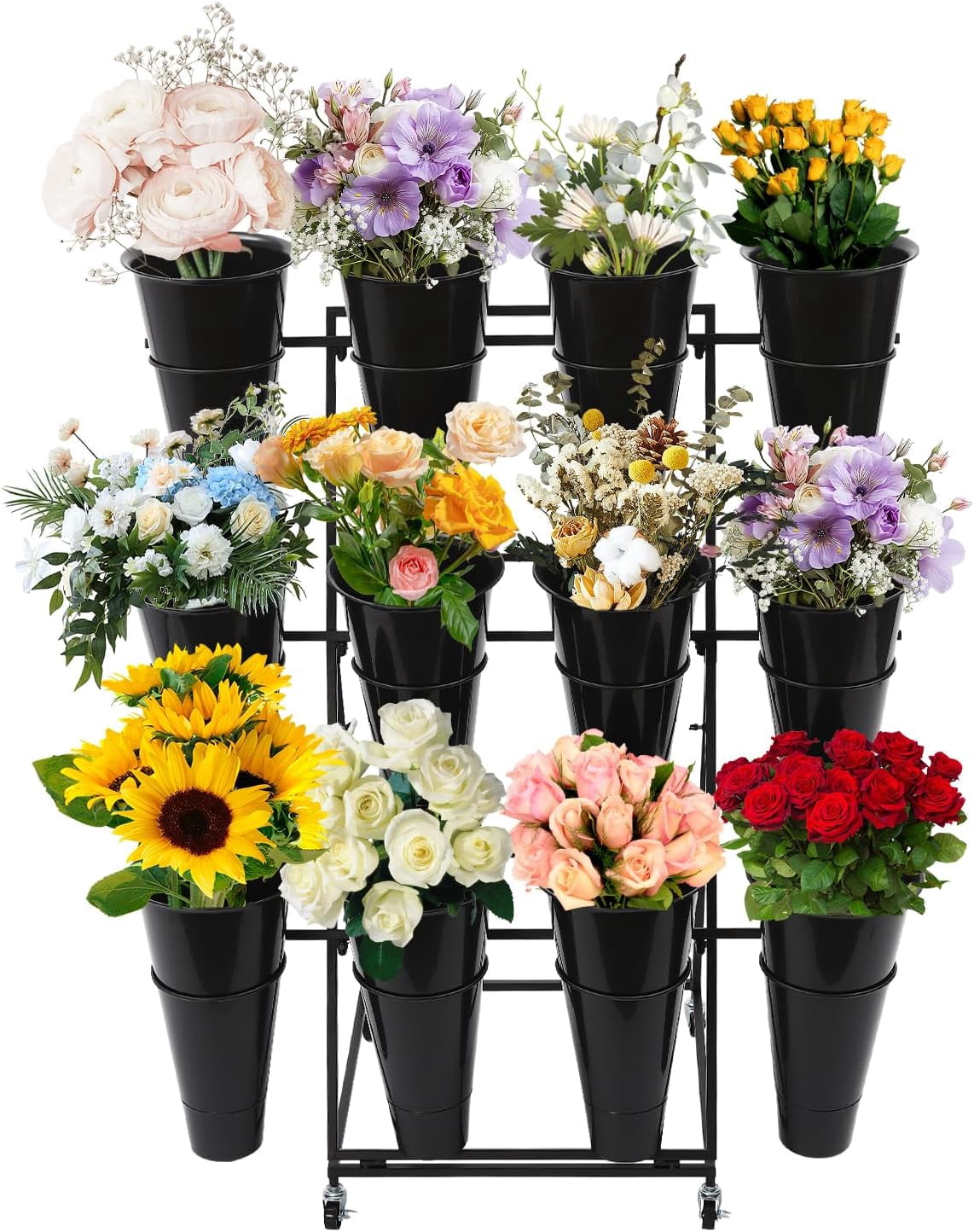 Flower Display Stand with 12 Pieces Bucket and Wheels, 3-tiers Flower ...