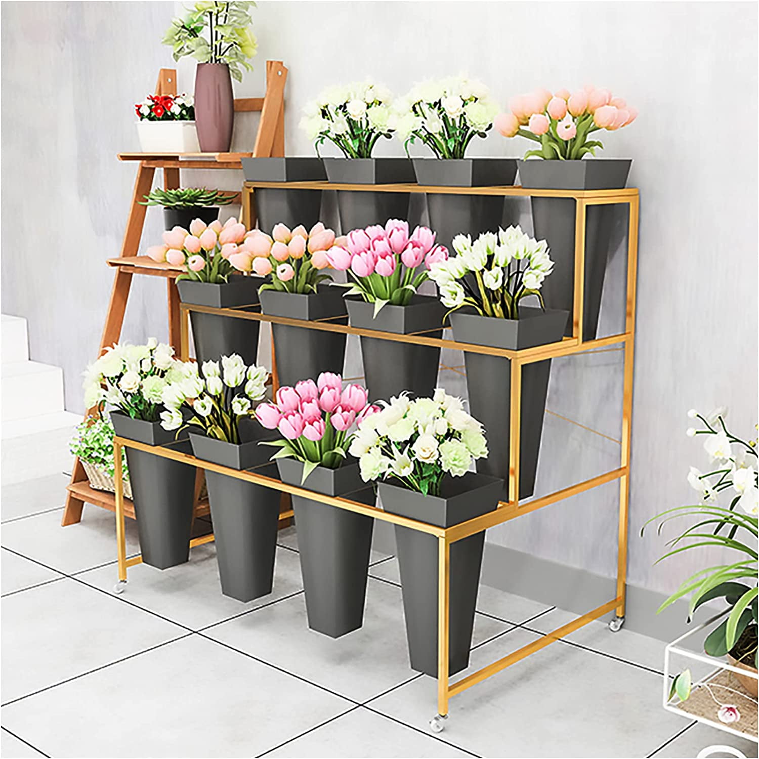 Flower Display Stand With 12PCS Buckets, 3 Layers Metal Plant Stand ...