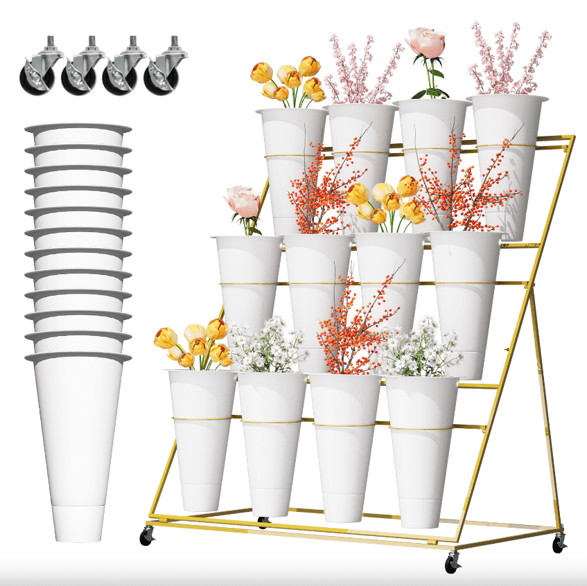 Flower Display Stand with 12Pcs Plastic Buckets White Iron Plant Stand ...