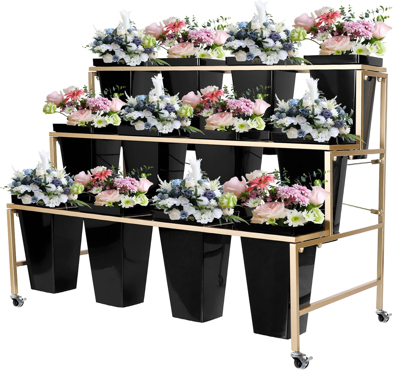 Flower Display Stand with 12pcs Buckets, Movable Florist Bouquet Stand ...