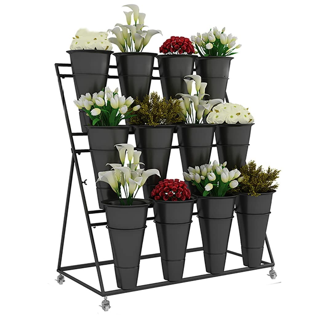 Flower Display Stand with 12pcs Plastic Buckets Iron Plant Stand with 4 ...