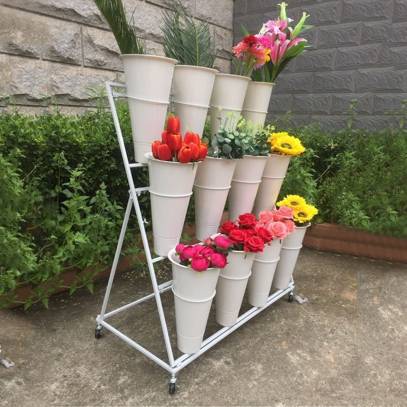 Flower Display Stand with 12pcs Plastic Buckets Iron Plant Stand with 4 ...