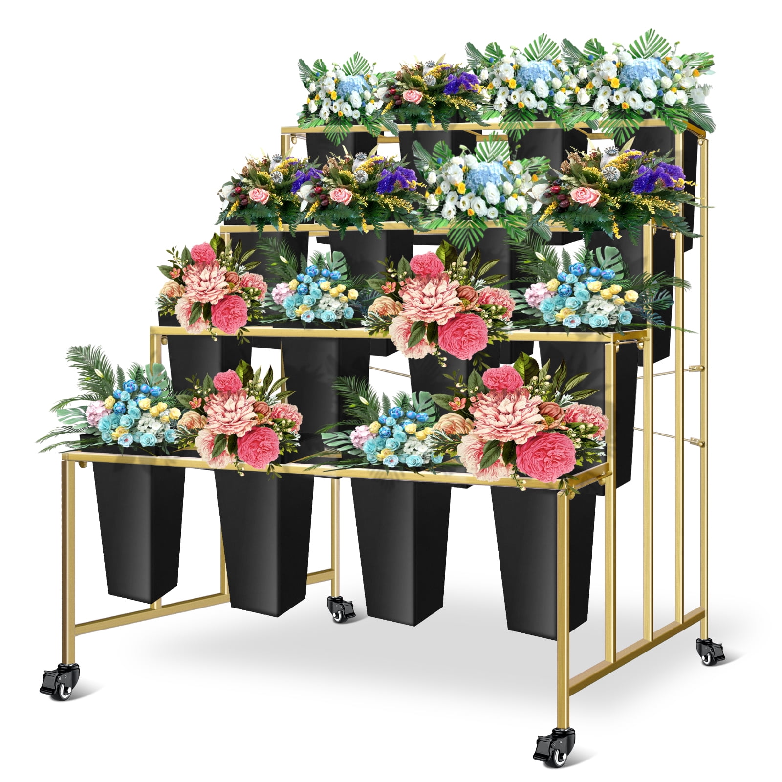 Flower Display Stand with 16 Buckets,4 Layers Flower Cart ,Gold Metal ...