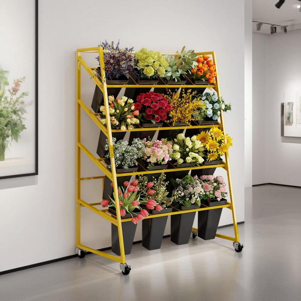 Flower Display Stand with 16 Buckets, 4-Tier Metal Flower Rack Cart ...