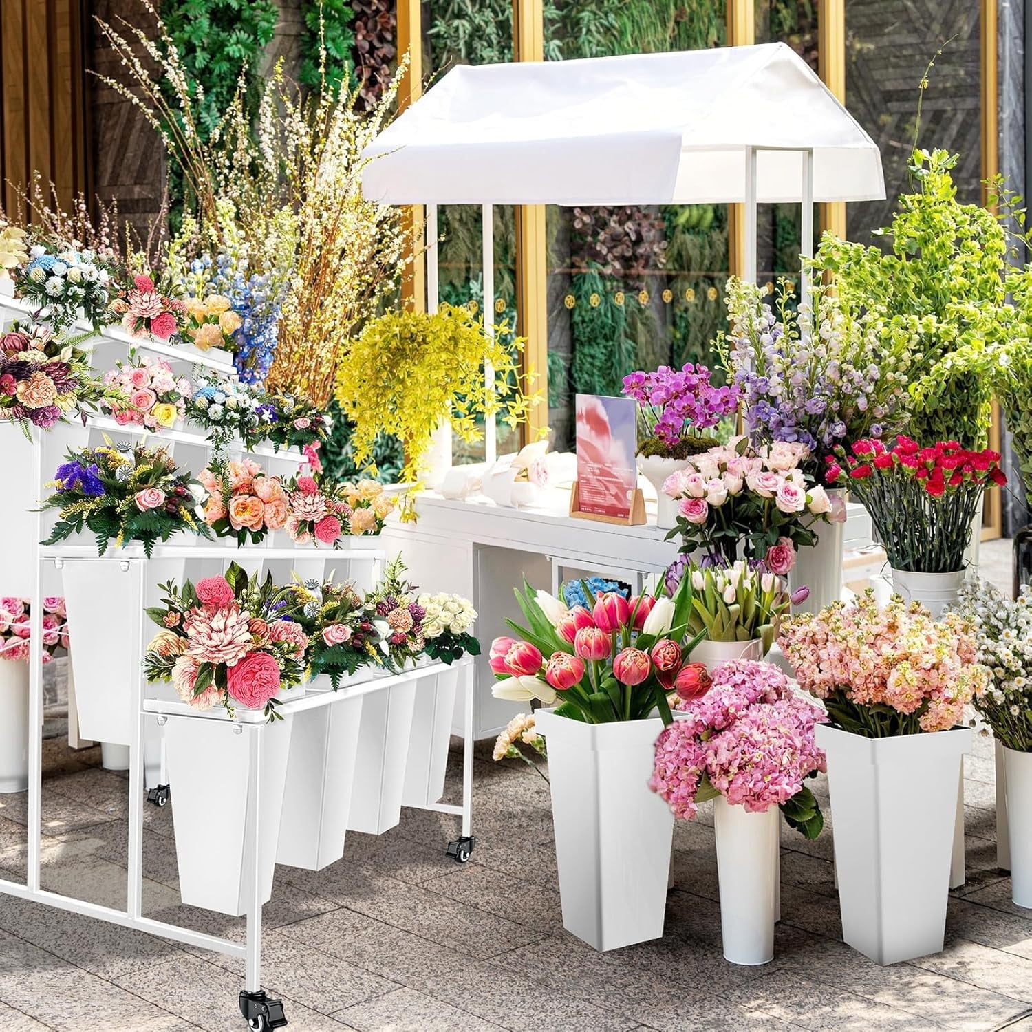 Flower Display Stand with 16 Buckets, 4 Tier Movable Plant Display ...