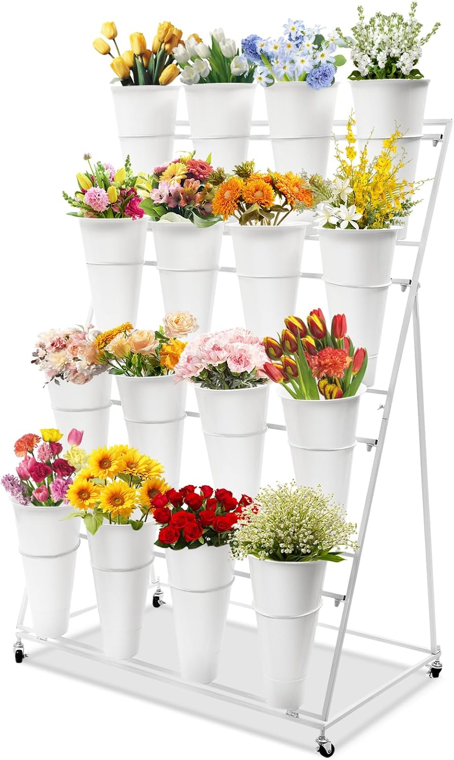 Flower Display Stand with 16 Buckets, 4 Tiers Metal Mobile Florist ...