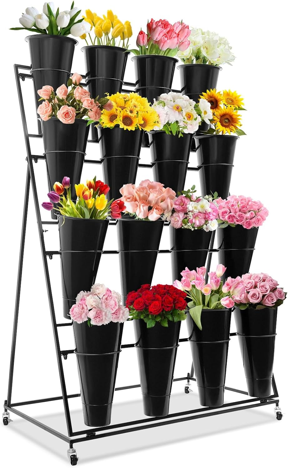 Flower Display Stand with 16 Buckets, 4 Tiers Metal Mobile Florist ...