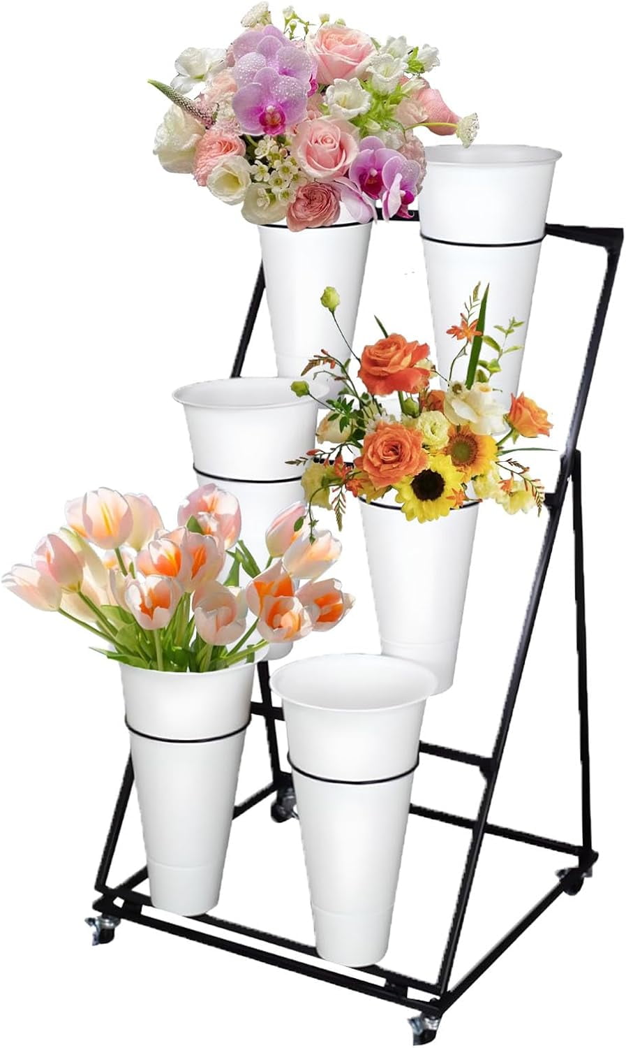 Flower Display Stand, 2 Layers Heavy Duty Metal Moving Wrought Iron ...