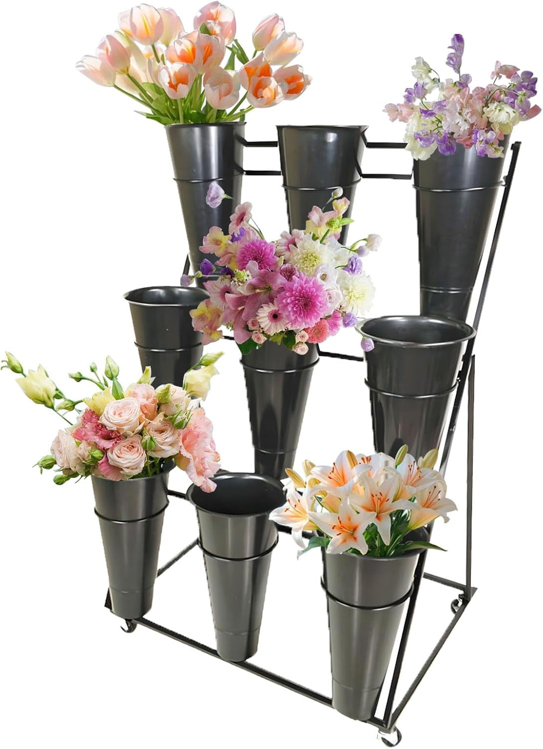 Flower Display Stand, 2 Layers Heavy Duty Metal Moving Wrought Iron ...