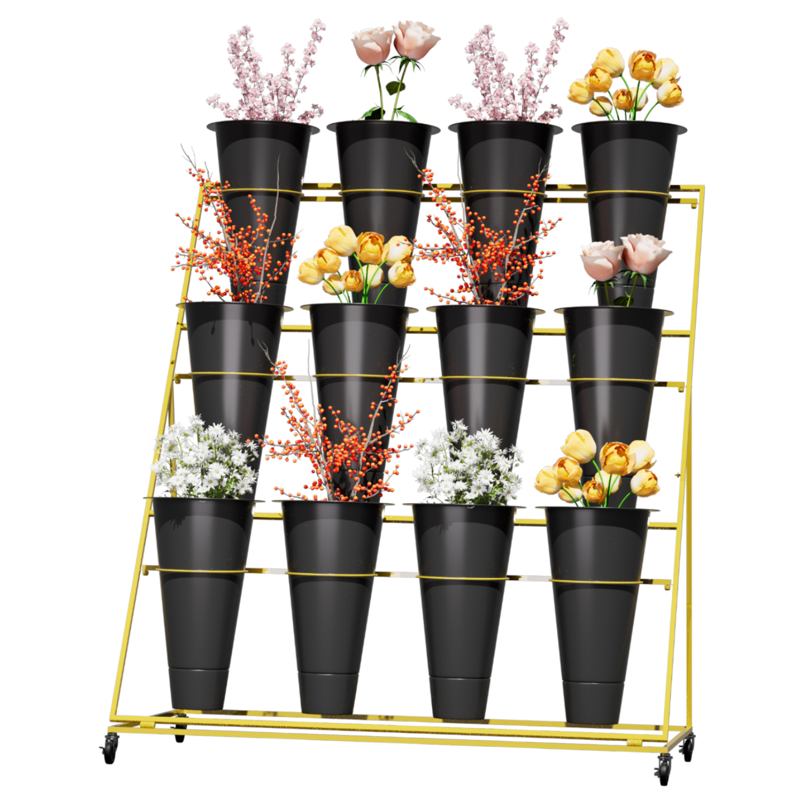 Flower Display Stand 3 Layers, 12 Black Round Buckets, 27 Pounds ...