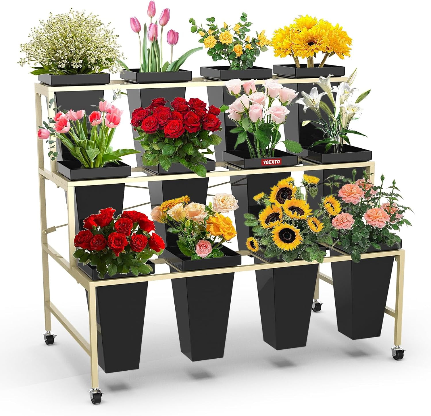 Flower Display Stand 3 Layers with 12 PCS Round Buckets, Plant Stand ...
