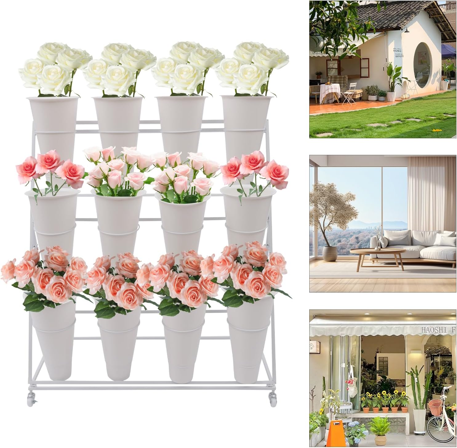 Flower Display Stand 3 Layers with 12 Pcs Round Buckets Flower Cart ...