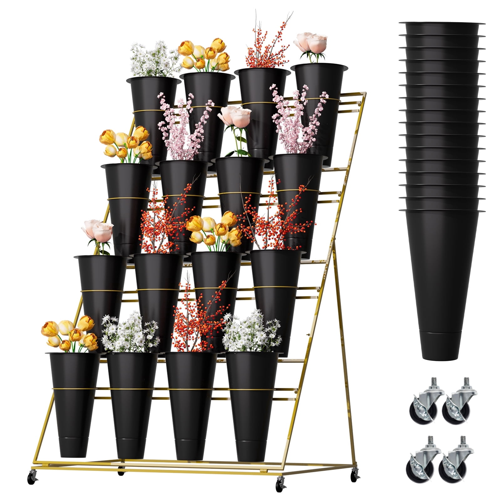 Flower Display Stand 3 Layers, 16 Round Black Buckets, 27 Pounds ...