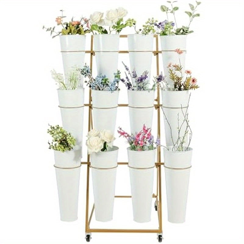 Flower Display Stand 3 Layers Flower Cart Shelf with 12 Buckets Flower ...