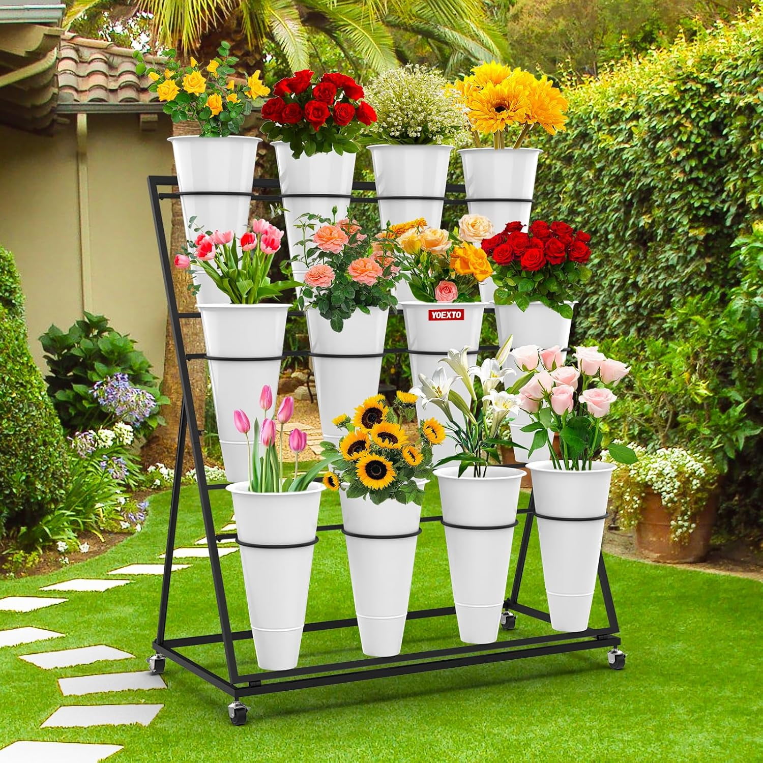 Flower Display Stand 3 Layers with Round Buckets, 12 PCS Buckets Stand ...