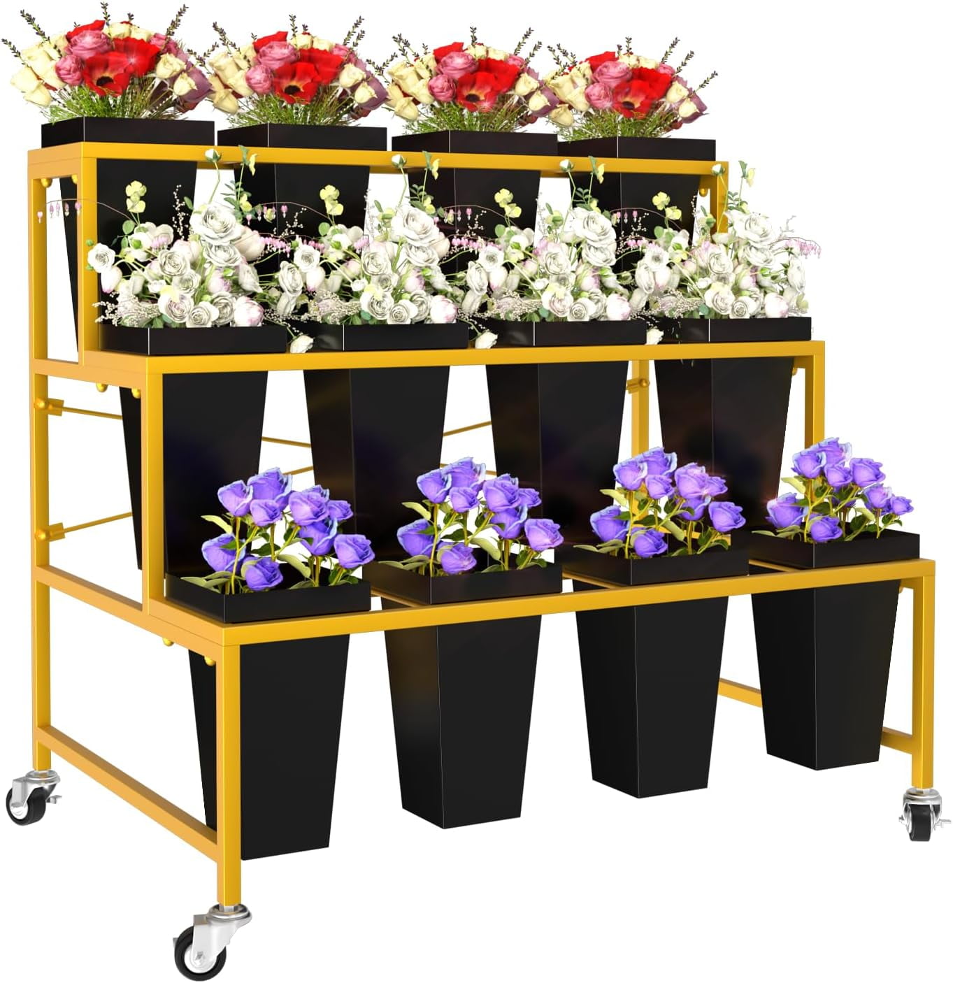 Flower Display Stand, 3 Tier Metal Stand with 12pcs Plastic Flower ...