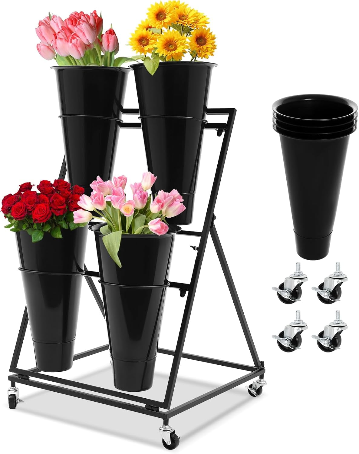 Flower Display Stand with 4 Buckets, 2-Tiers Metal Mobile Florist ...