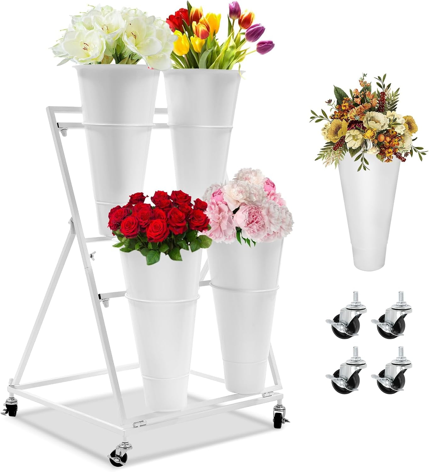 Flower Display Stand with 4 Buckets, 2-Tiers Metal Mobile Florist ...
