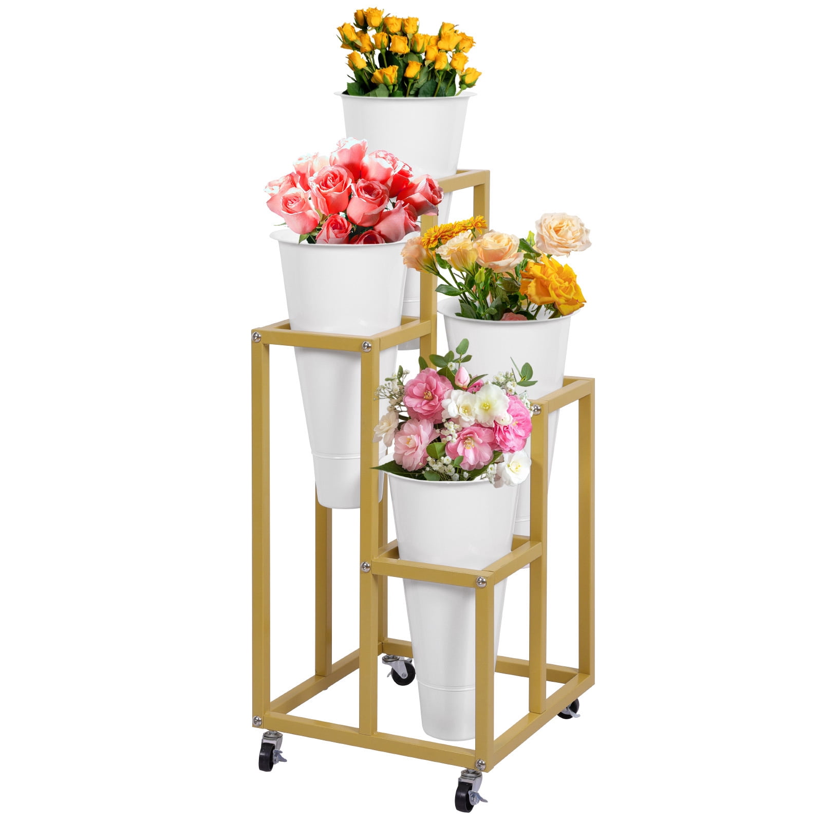 Flower Display Stand with 4 Buckets 3 Layers Flower Cart Metal Flower ...