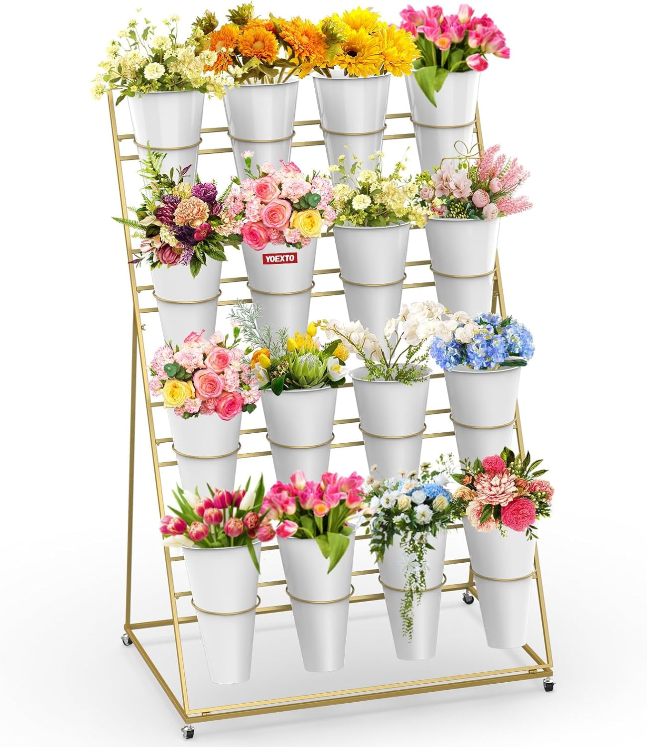 Flower Display Stand 4 Layers with 16 PCS Round Buckets, Stand with ...