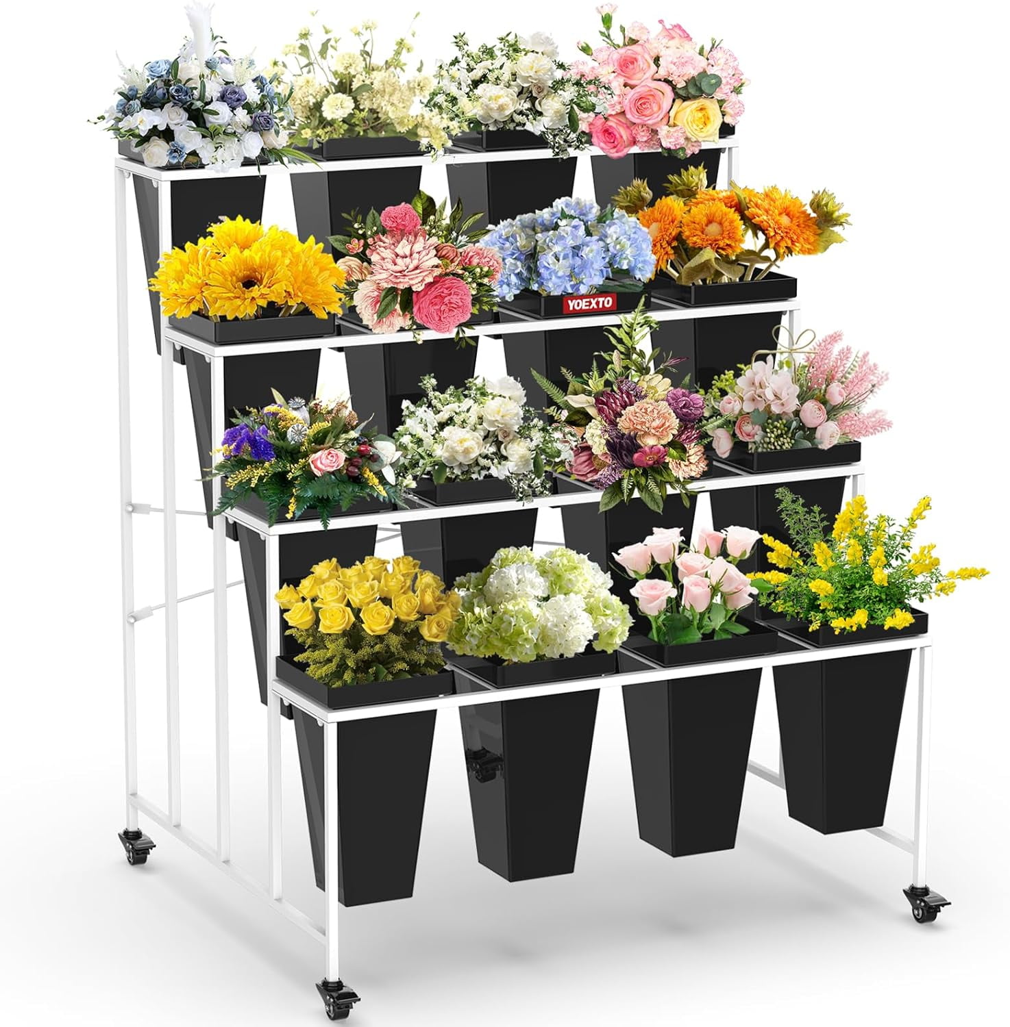 Flower Display Stand 4 Layers with 16 PCS Square Buckets, Plant Stand ...