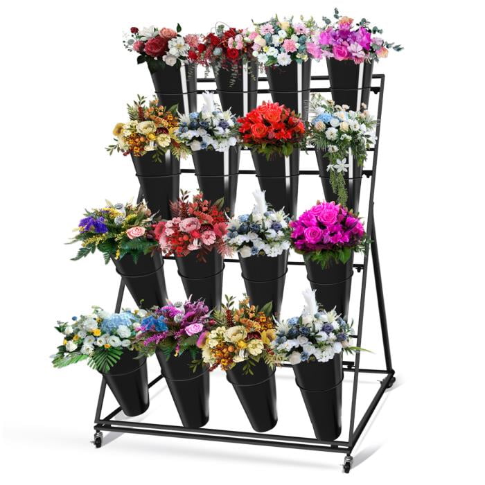 Flower Display Stand 4 Layers. 16 Pcs Flower Buckets with Wheels ...