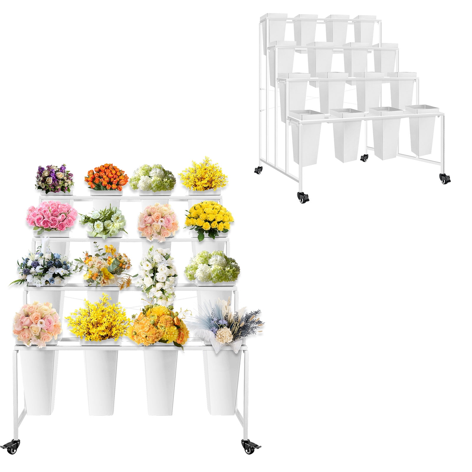 Flower Display Stand 4 Layers, 16 White Buckets, Revolving, Metal ...