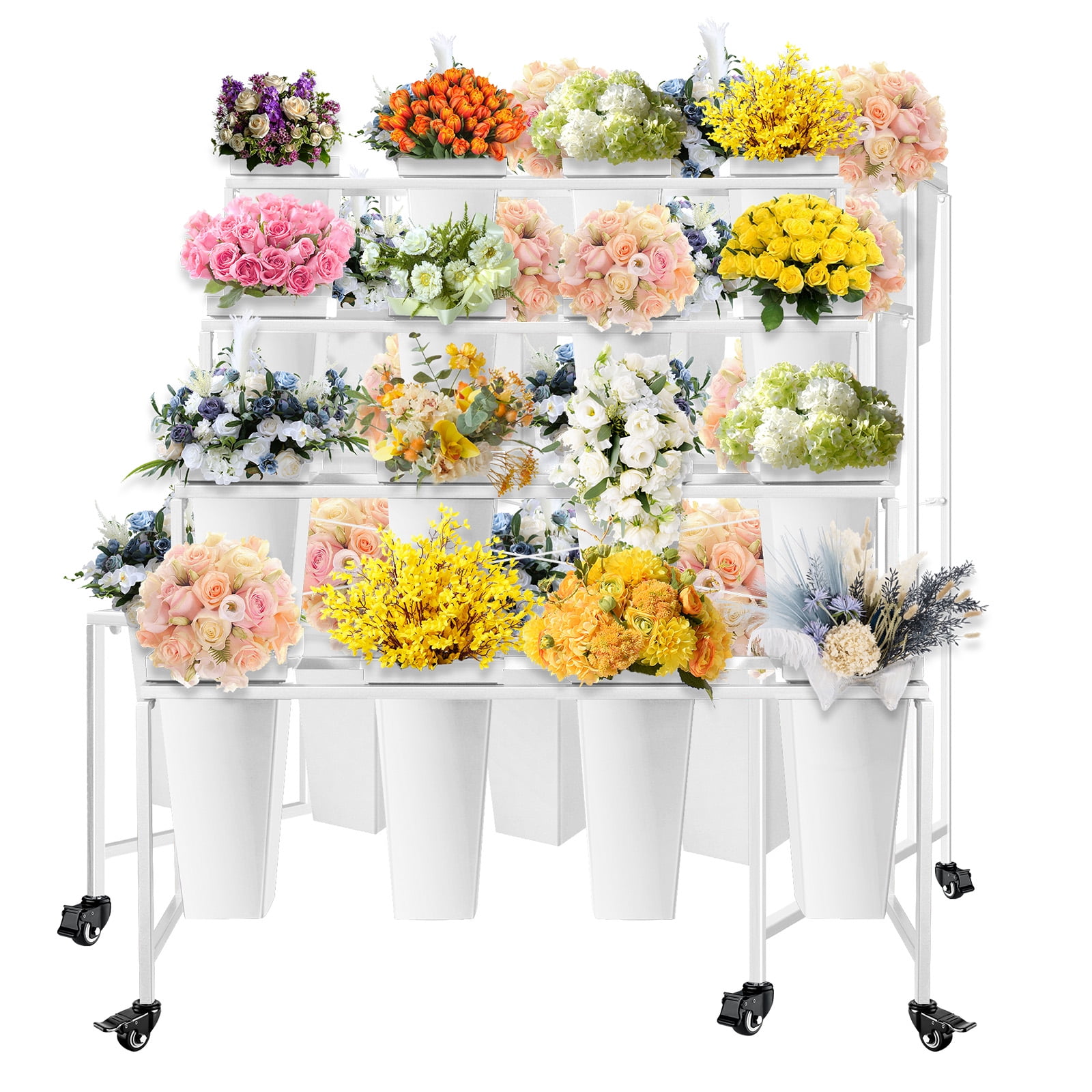 Flower Display Stand 4 Layers, 16 White Buckets, Revolving, Metal Shelf ...