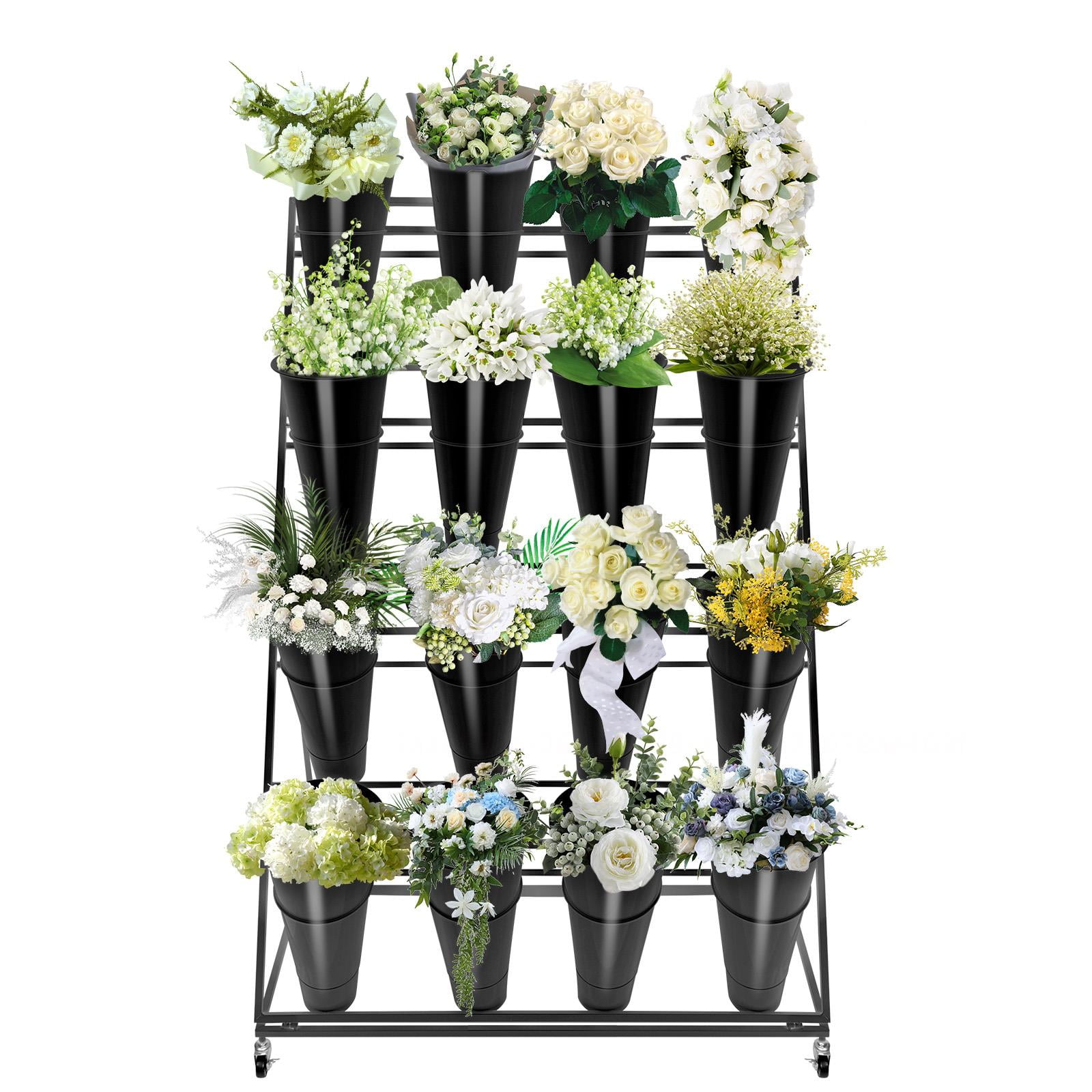 POWKOL 4 Layers Wrought Iron Plant Stand with 4 Wheels, Movable Flower ...