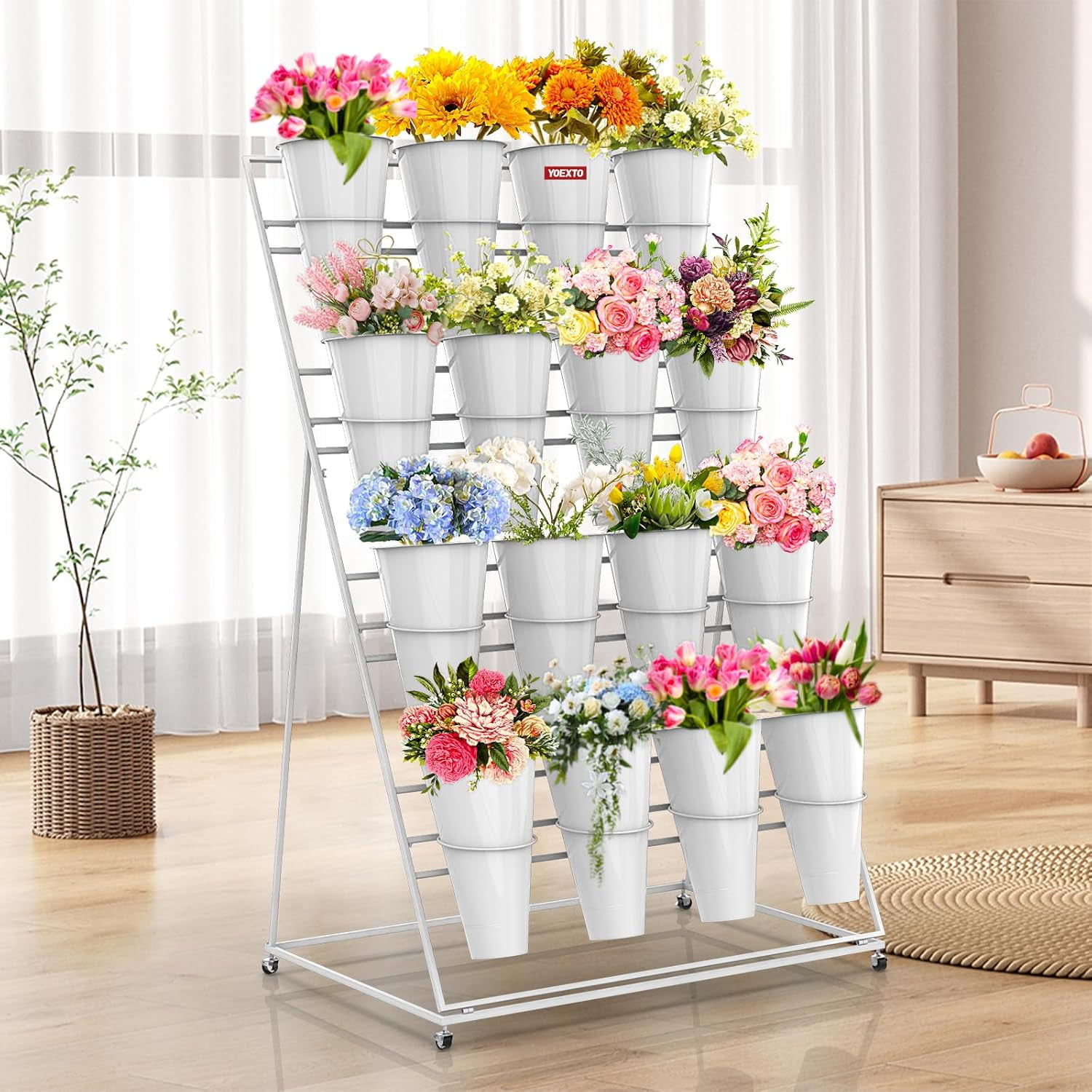 Flower Display Stand 4 Layers with Buckets, 16 PCS Buckets Plant Stand ...