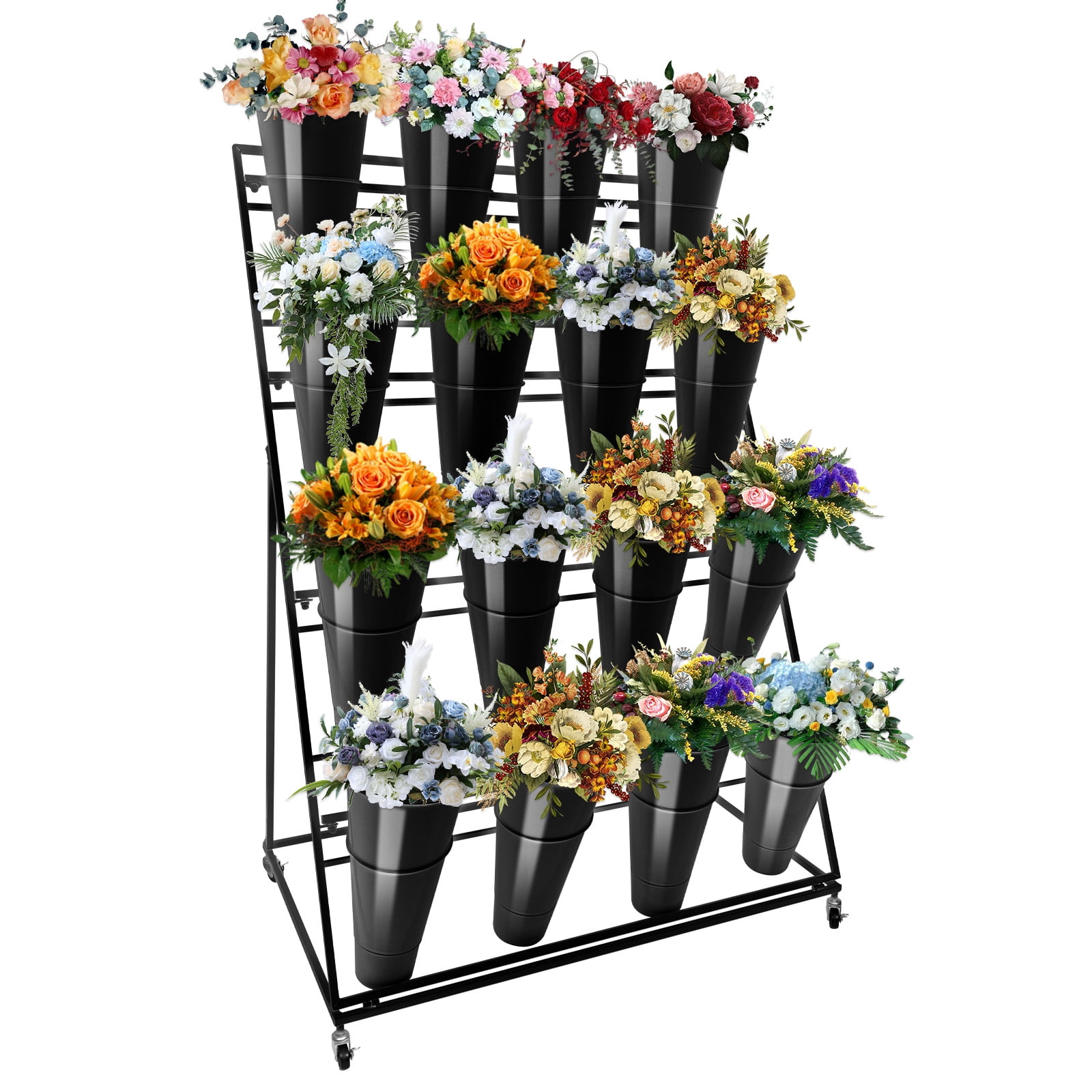 Flower Display Stand,4 Layers Metal Florist Bouquet Shelf with 16 Round ...