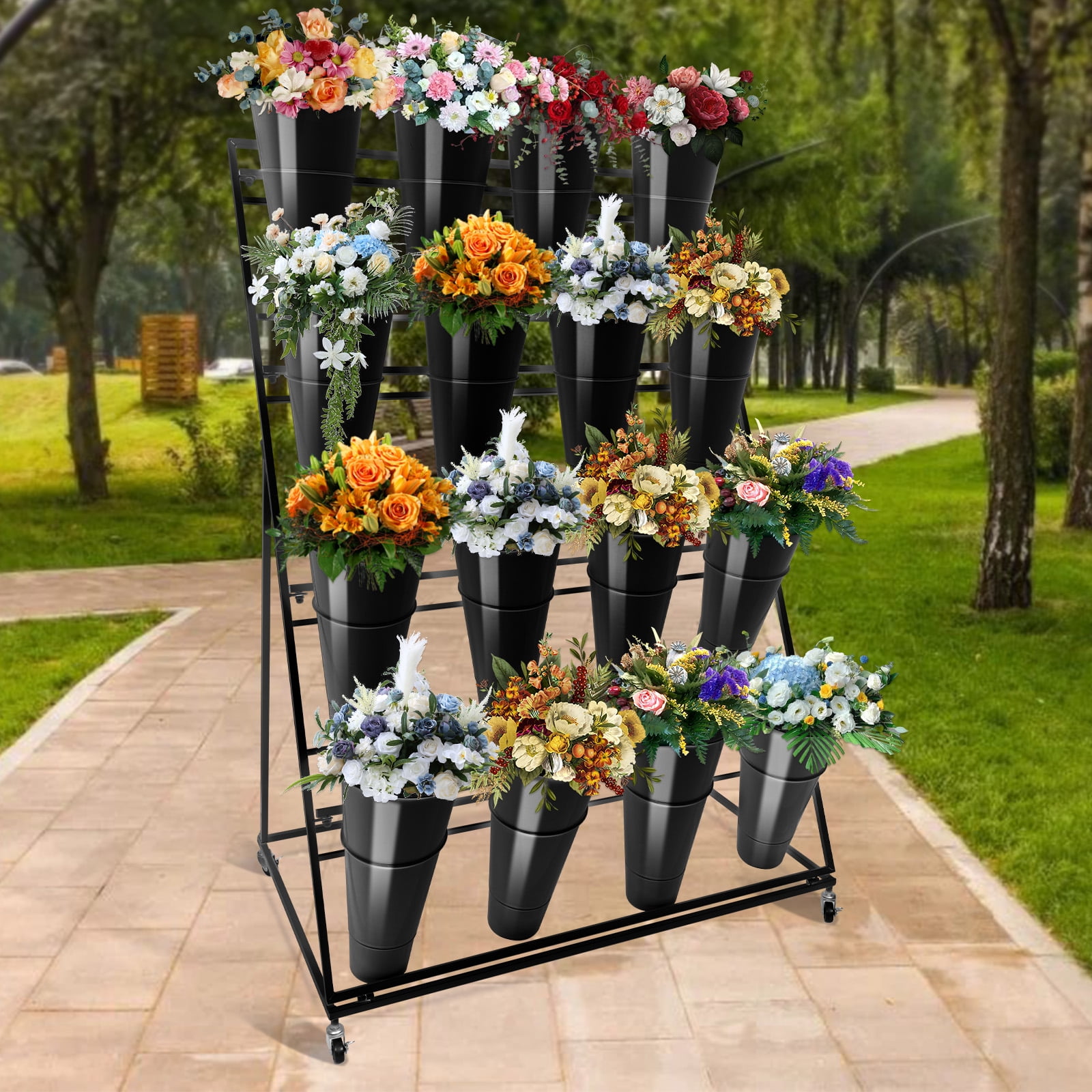 Flower Display Stand,4 Layers Metal Plant Rack with 16 Round Buckets ...