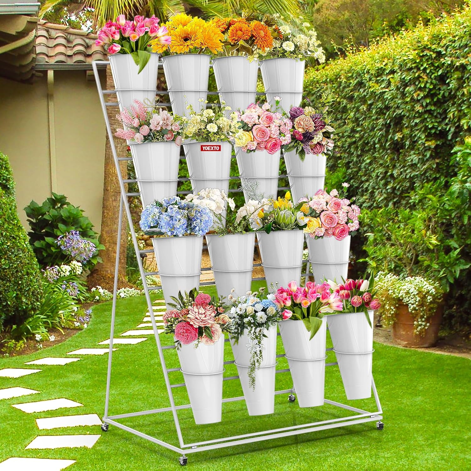 Flower Display Stand 4 Layers with Round Buckets, 16 PCS Buckets Plant ...