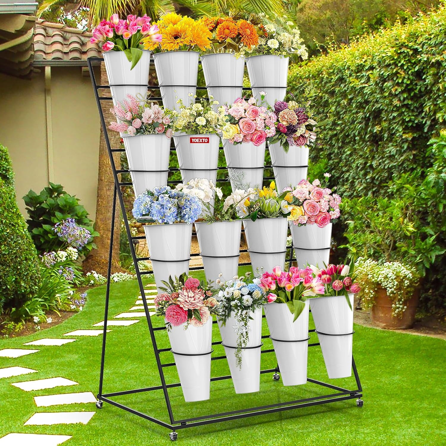 Flower Display Stand 4 Layers with Round Buckets, 16 PCS Buckets Plant ...