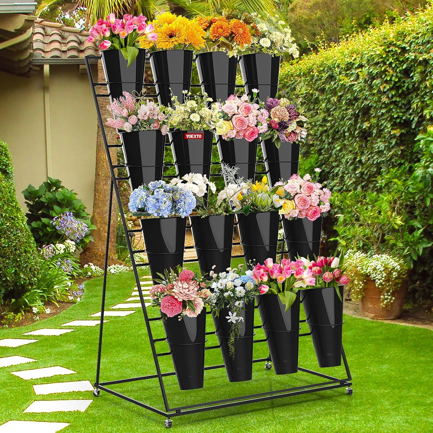 Flower Display Stand 4 Layers with Round Buckets, 16 PCS Buckets Plant ...