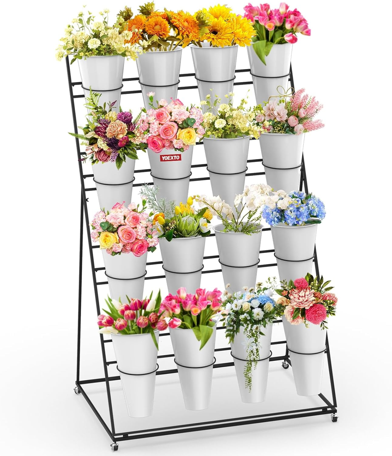 Flower Display Stand 4 Layers with 16 PCS Round Buckets, Plant Stand ...
