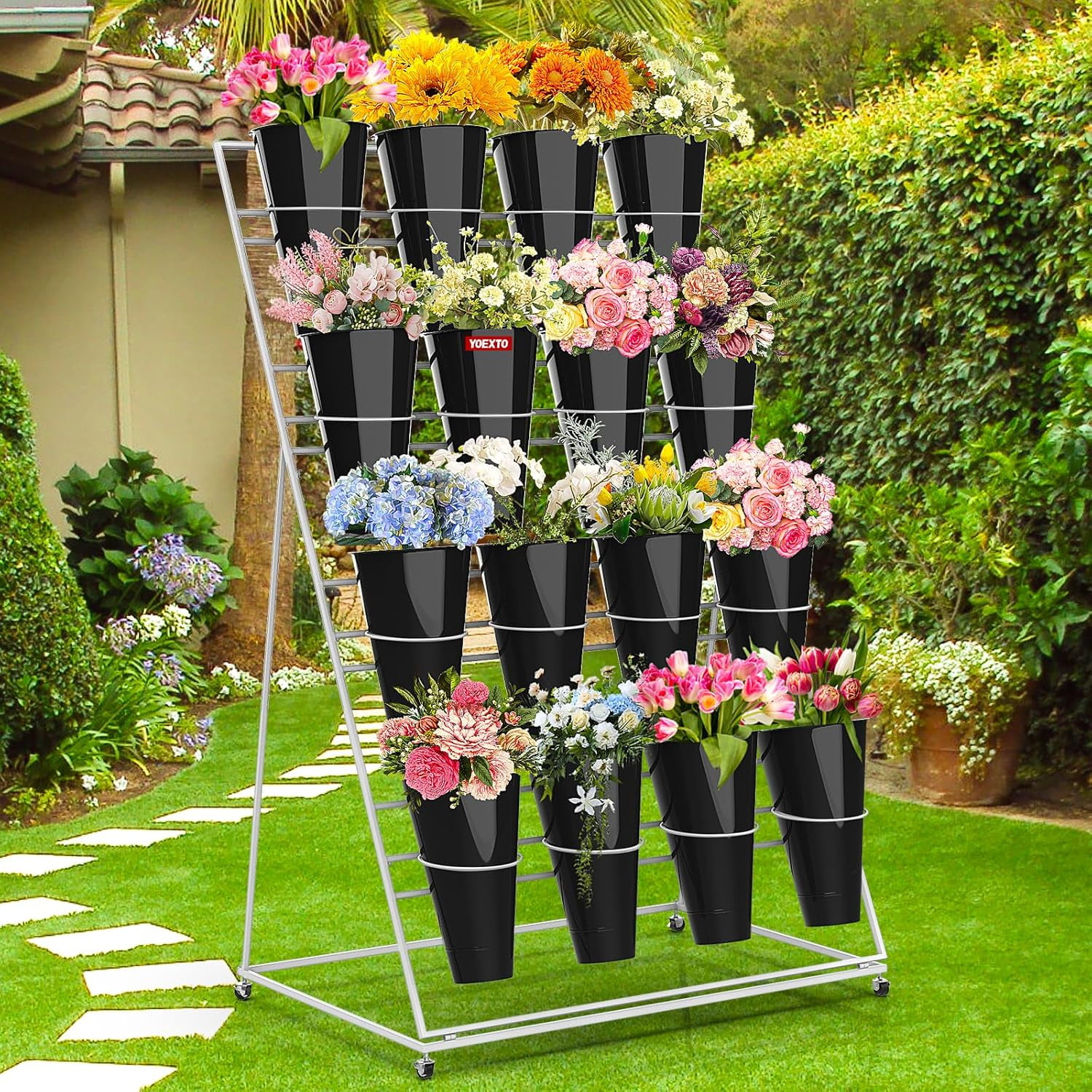 Flower Display Stand 4 Layers with Round Buckets (White Frame - Black ...