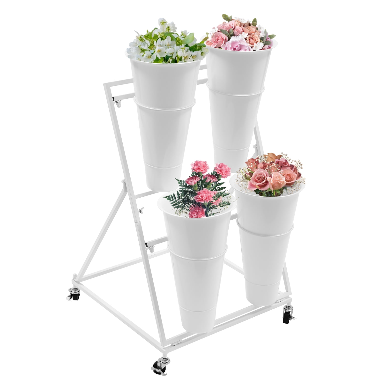 Flower Display Stand with 4 Pcs Buckets, 2 Tiers Metal Mobile Florist ...
