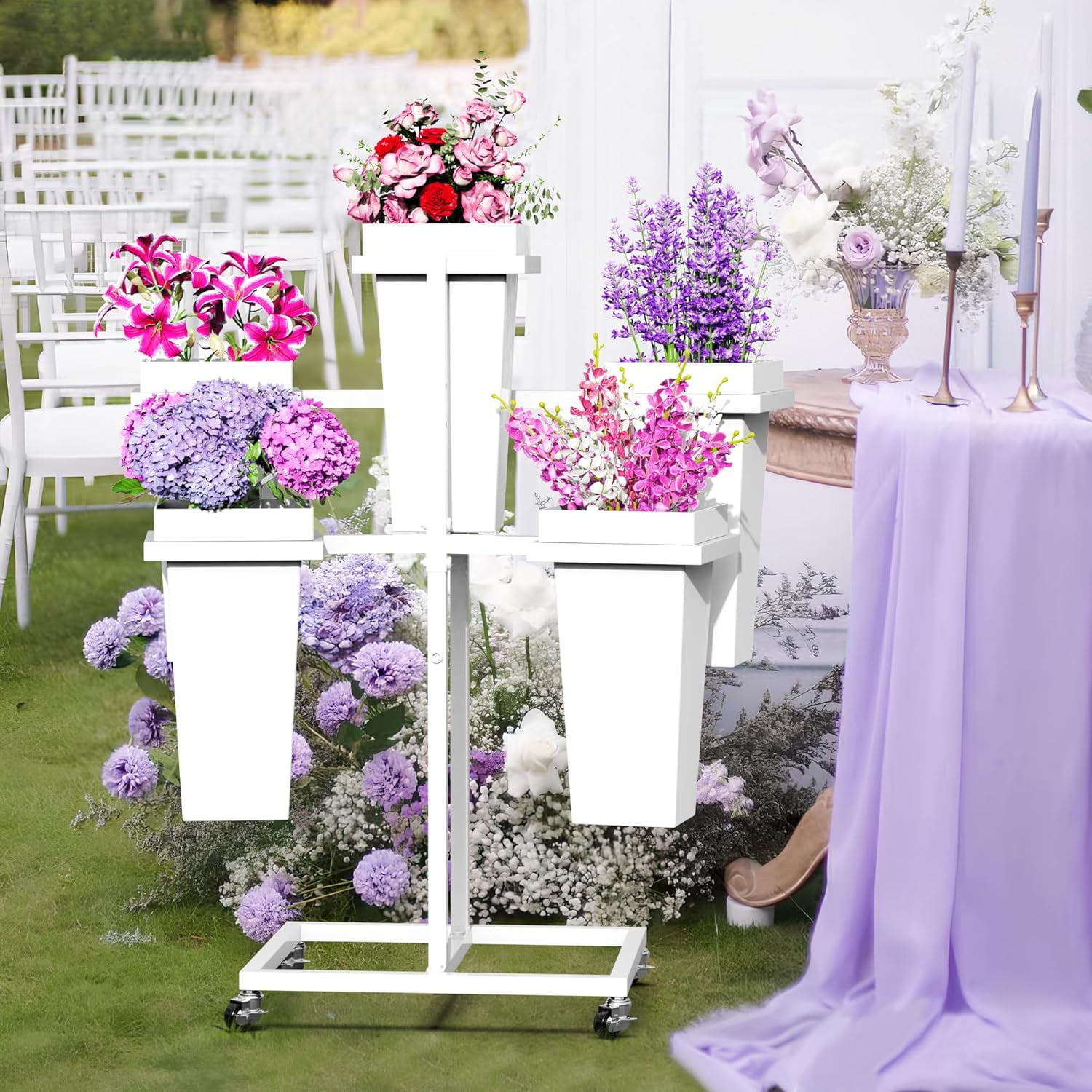 Flower Display Stand with 5 Square Buckets Multi-tiered Metal White ...