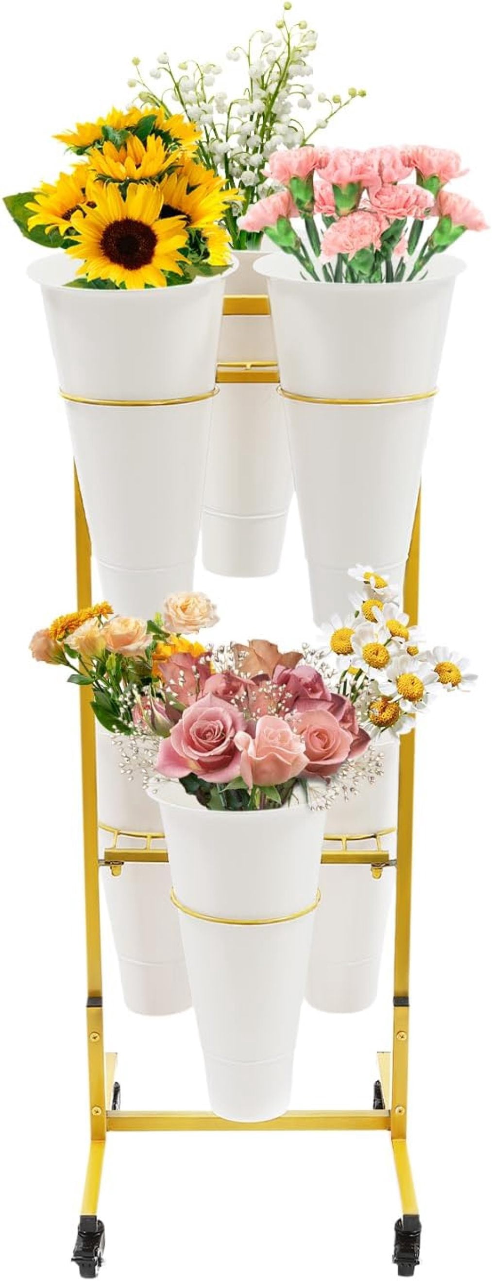Flower Display Stand with 6 Bucket, 2 Layers Plant Stand with Wheels ...