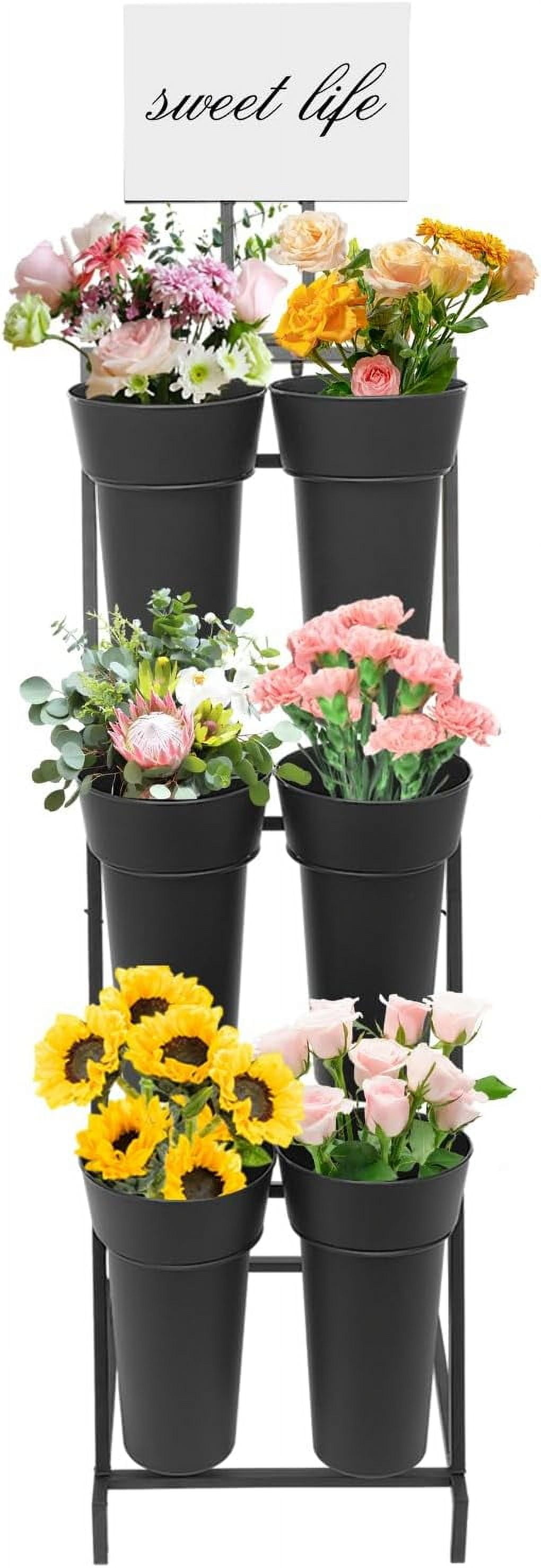 Flower Display Stand with 6 Plastic Buckets and Sign Frame, 15.8 x 19.7 ...