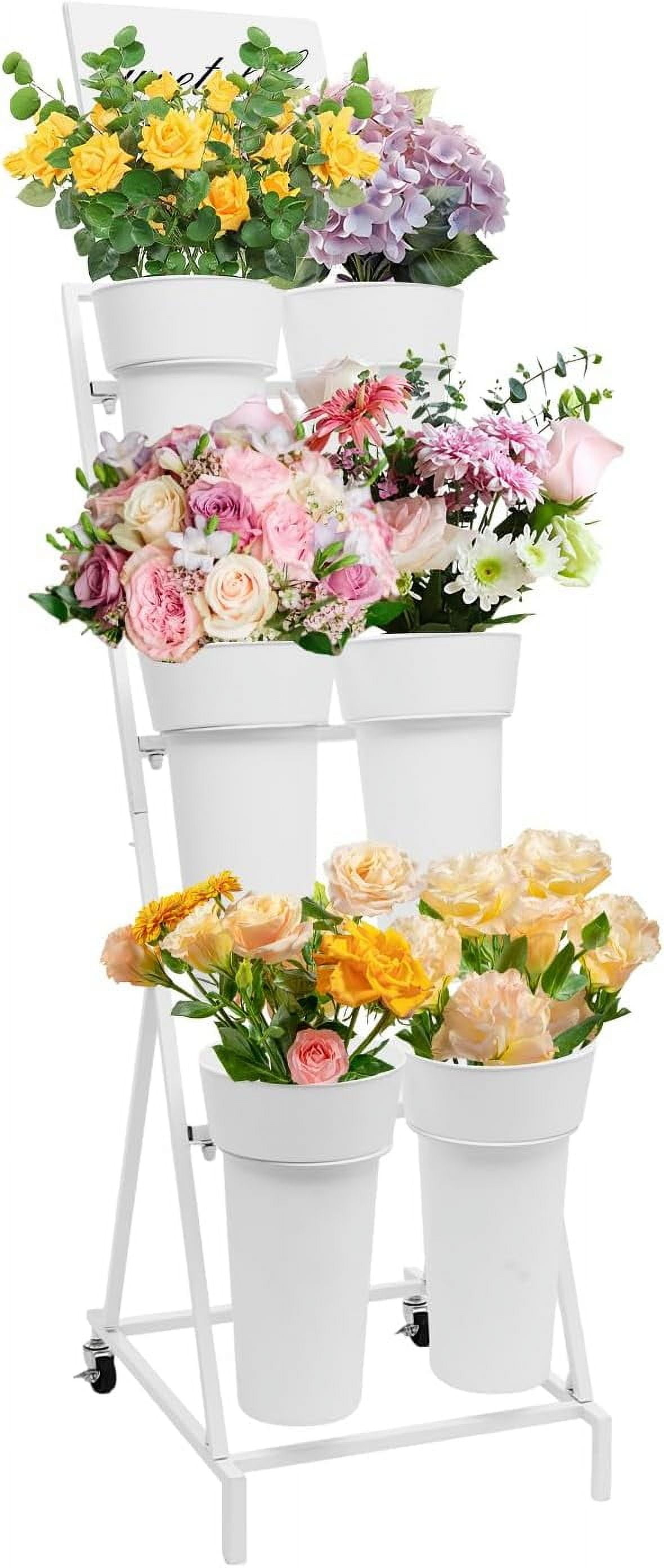 Flower Display Stand with 6 Plastic Buckets and Sign Frame, 15.8 x 19.7 ...