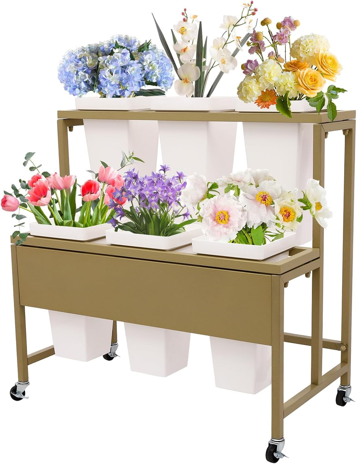 Flower Display Stand with 6PCS Buckets,2 Layers Metal Stand With Wheels ...
