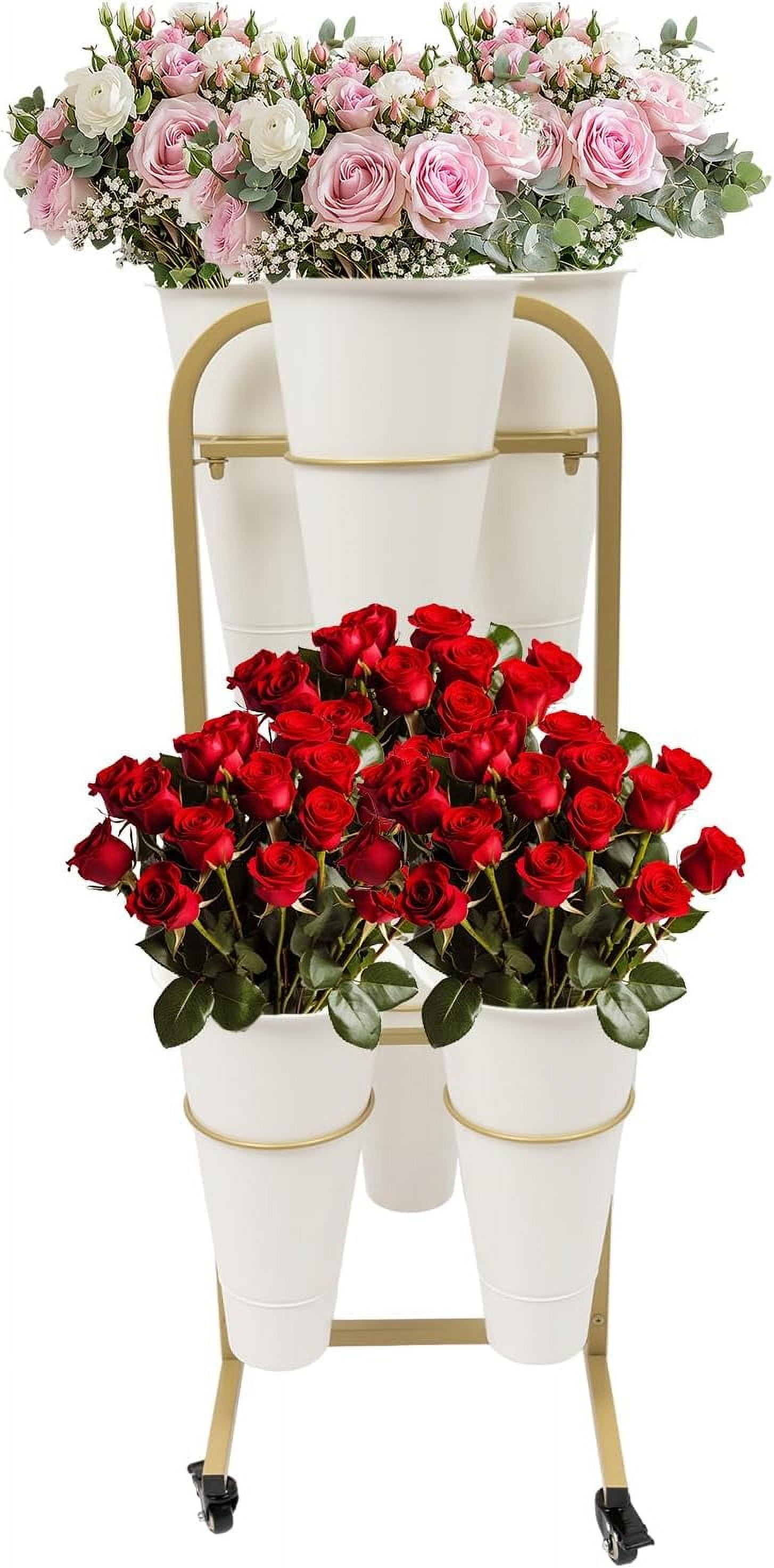 Flower Display Stand with 6pcs Buckets 2 Tier Flower Cart Display Stand ...